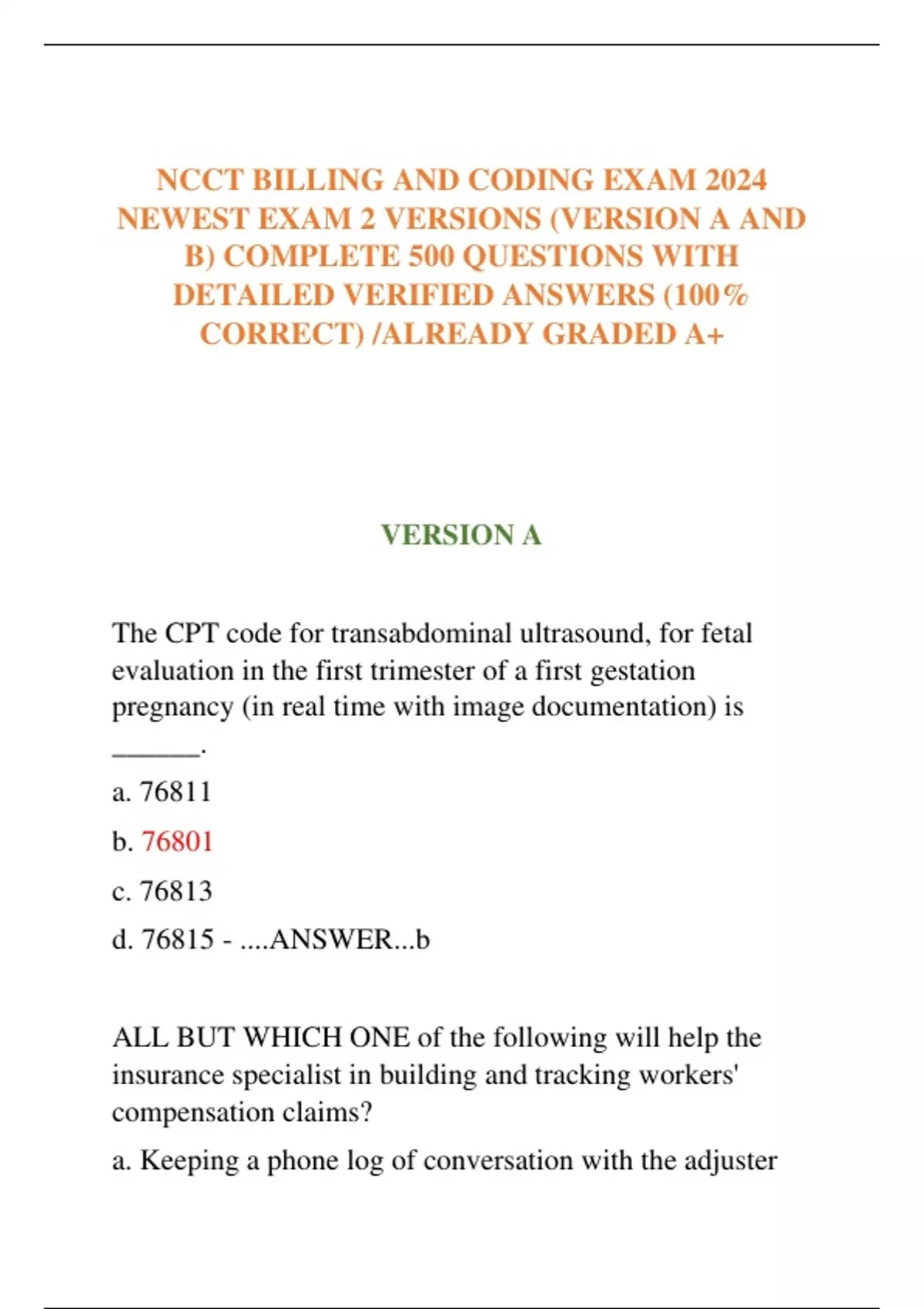 NCCT BILLING AND CODING EXAM 2024 NEWEST EXAM 2 VERSIONS (VERSION A AND ...