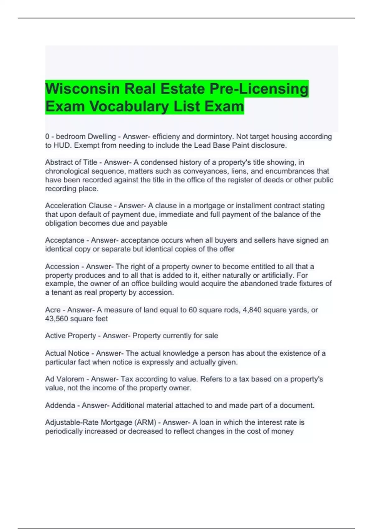 Wisconsin Real Estate Pre-Licensing Exam Vocabulary List Exam 2024 ...