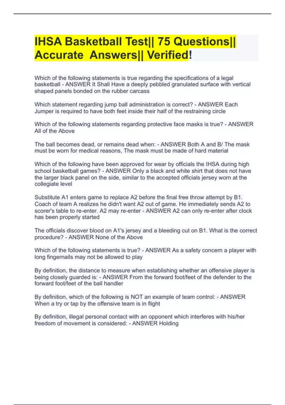 IHSA Basketball Test|| 75 Questions|| Accurate Answers|| Verified ...