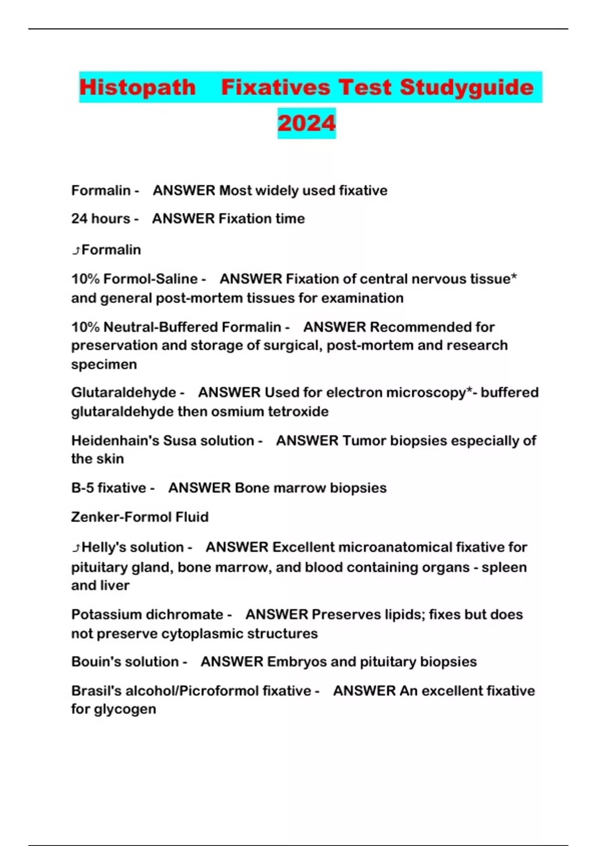 Histopath Fixatives Test Studyguide 2024 - Histopath Fixatives - Stuvia US