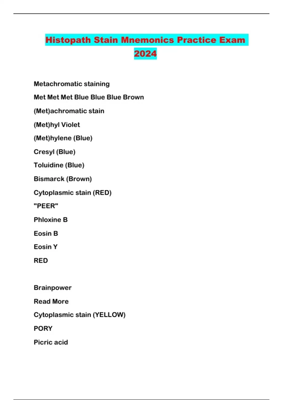 Histopath Stain Mnemonics Practice Exam 2024 - Histopath Stain ...