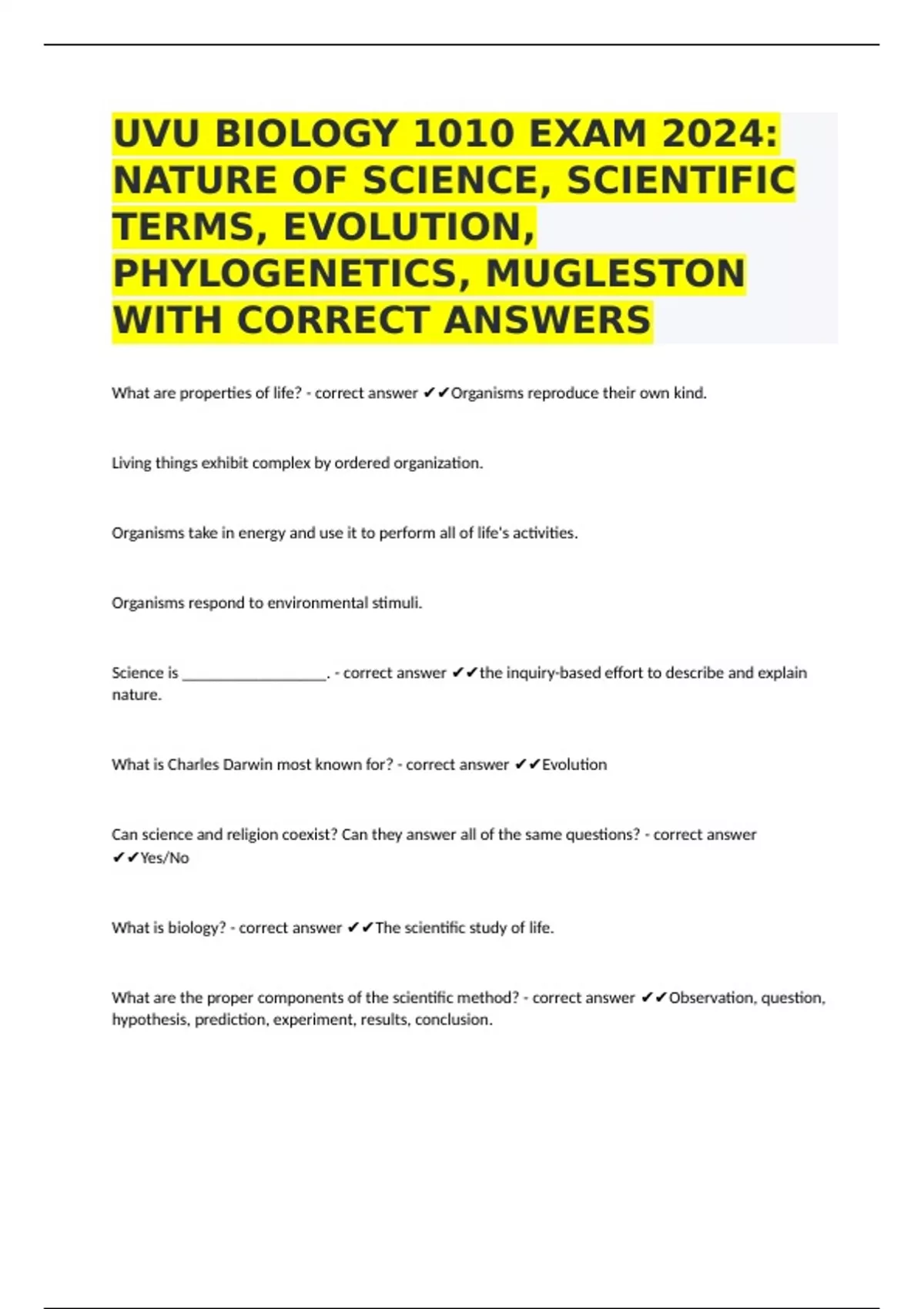 UVU BIOLOGY 1010 EXAM 2024: NATURE OF SCIENCE, SCIENTIFIC TERMS ...