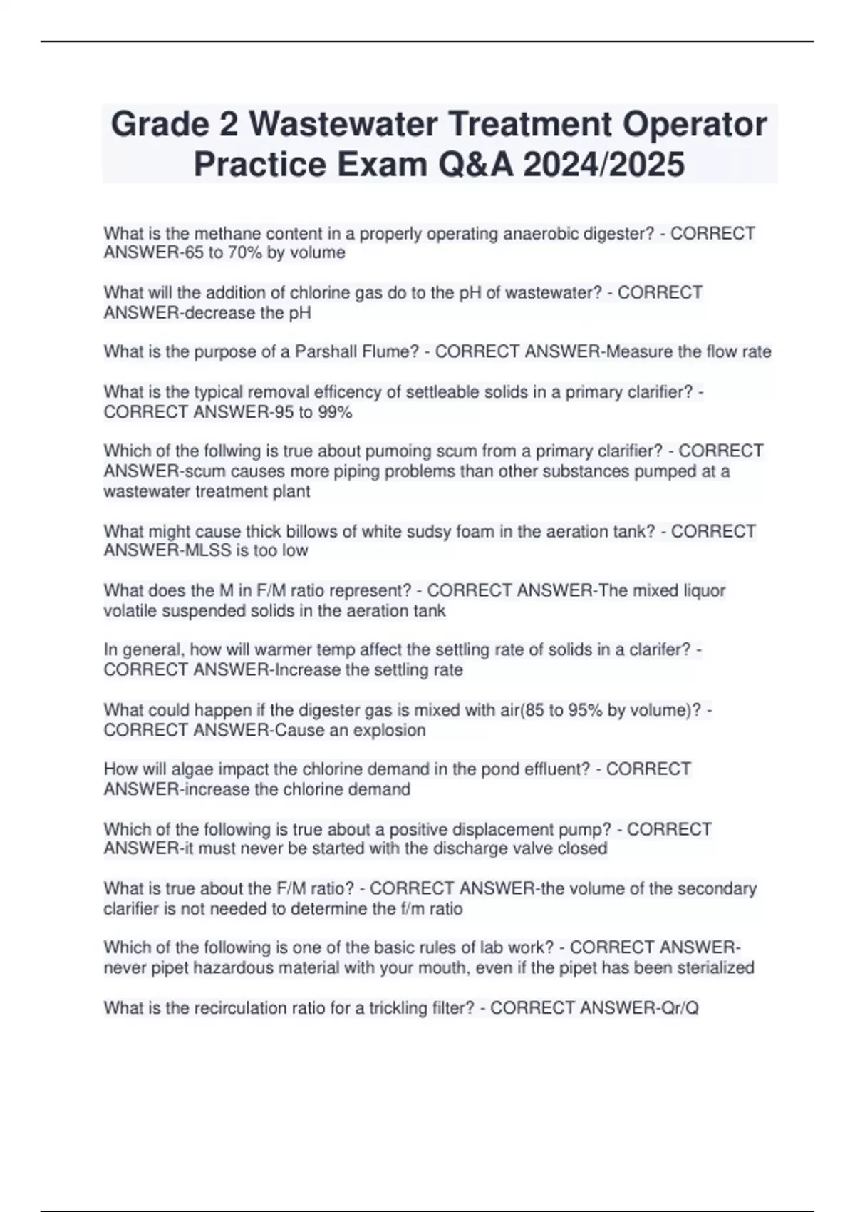 Grade 2 Wastewater Treatment Operator Practice Exam Q&A 2024/2025 ...