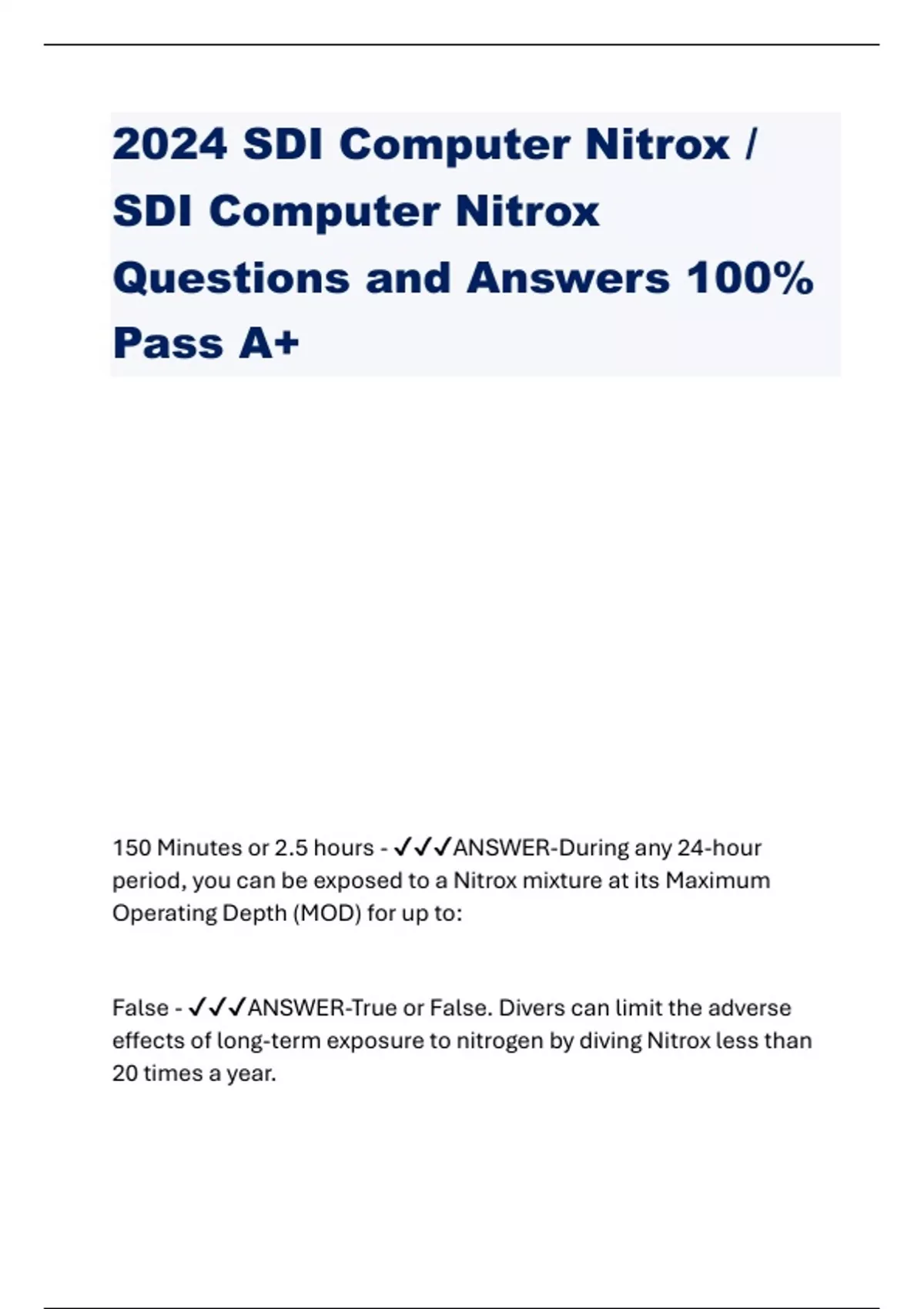 2024 SDI Computer Nitrox / SDI Computer Nitrox Questions and Answers 100% Pass A+ - 2024 SDI ...