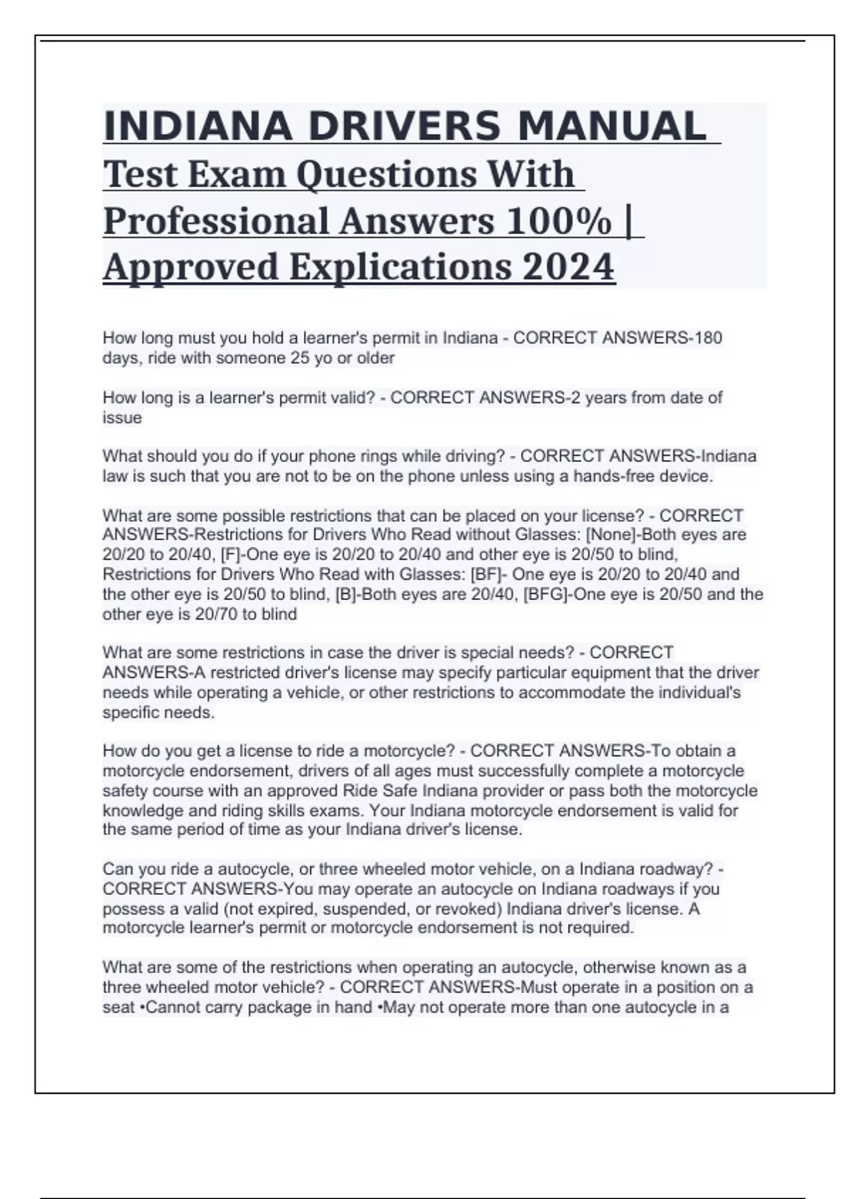 INDIANA DRIVERS MANUAL Test Exam Questions With Professional Answers ...