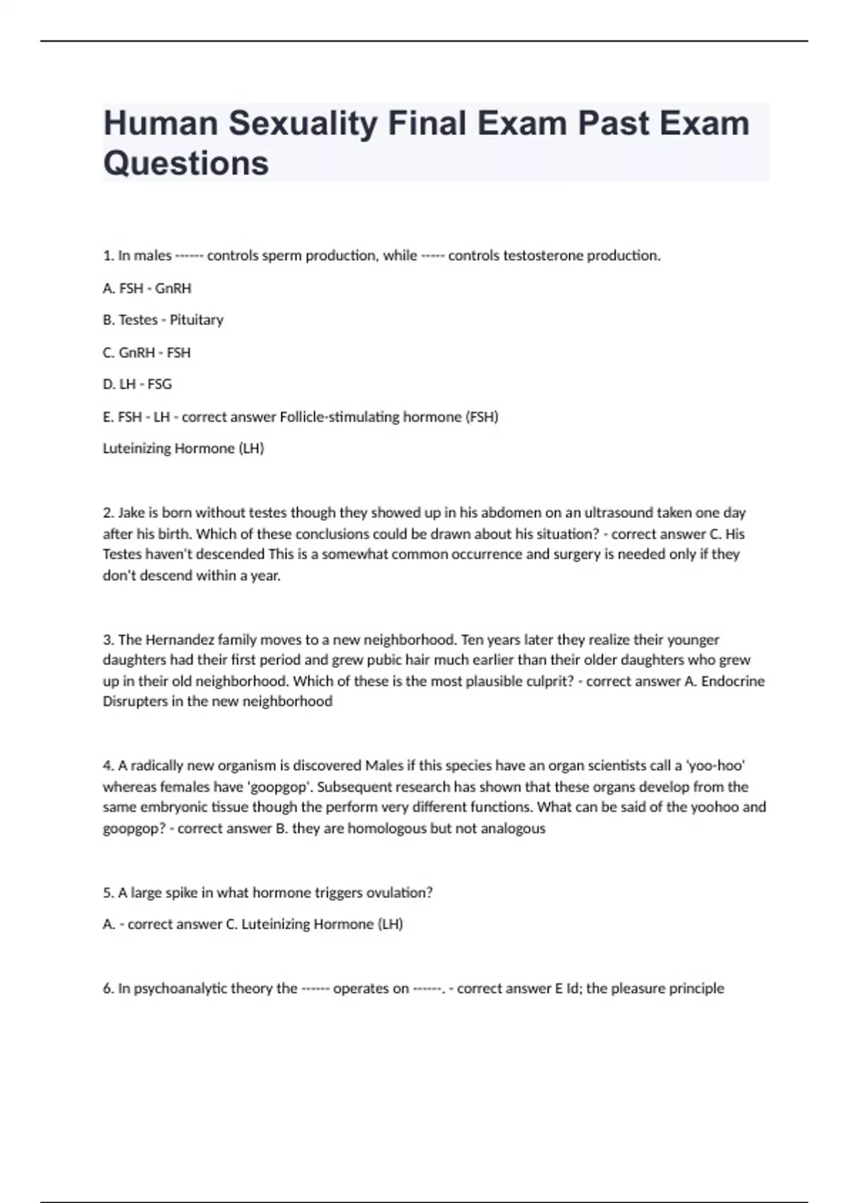 human sexuality Collin College -Human Sexuality Final Exam Past Exam ...