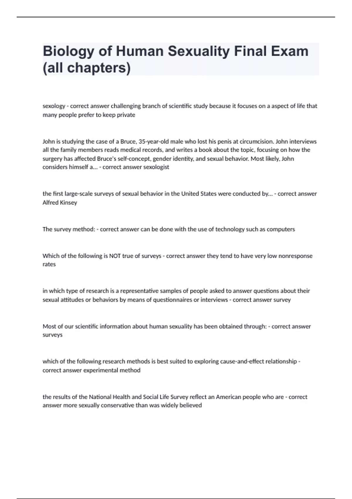 Biology of Human Sexuality Final Exam (all chapters) fully solved ...