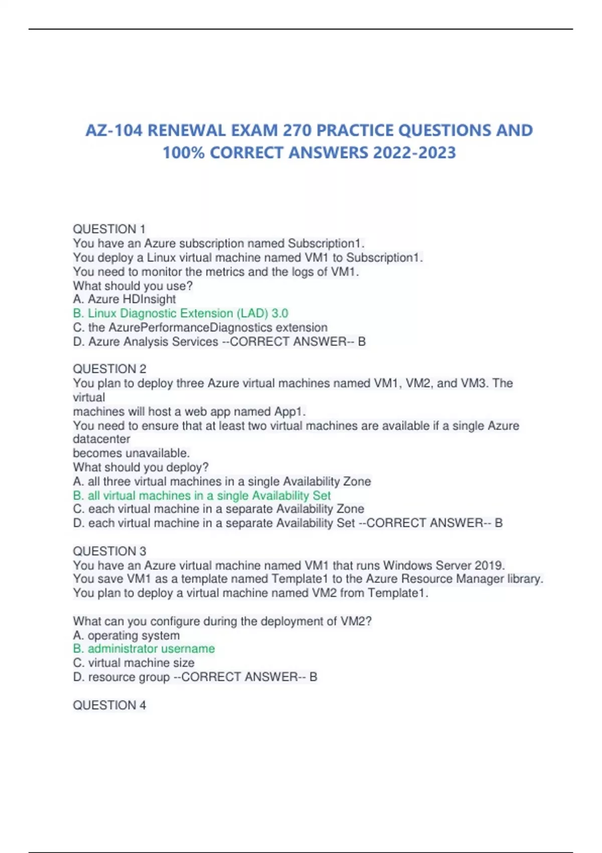 AZ-104 RENEWAL EXAM 270 PRACTICE QUESTIONS AND 100% CORRECT ANSWERS ...