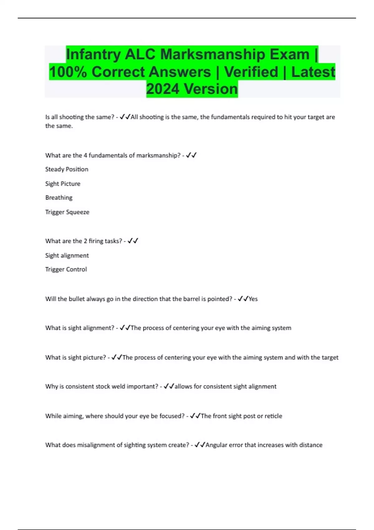 Infantry ALC Marksmanship Exam | 100% Correct Answers | Verified ...