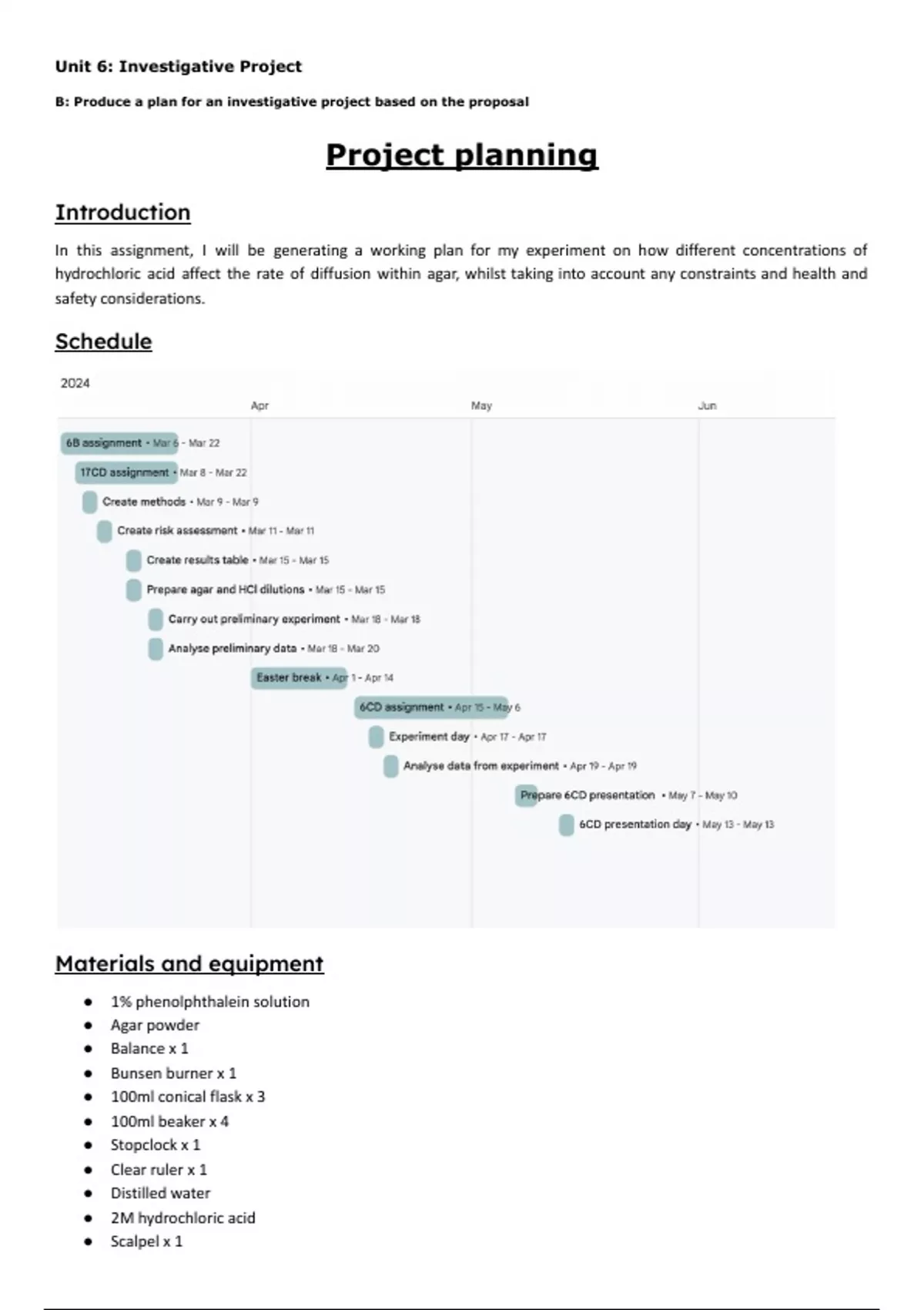 BTEC Applied Science Unit 6B - Project planning (Distinction) - Unit 6 - Investigative Project ...