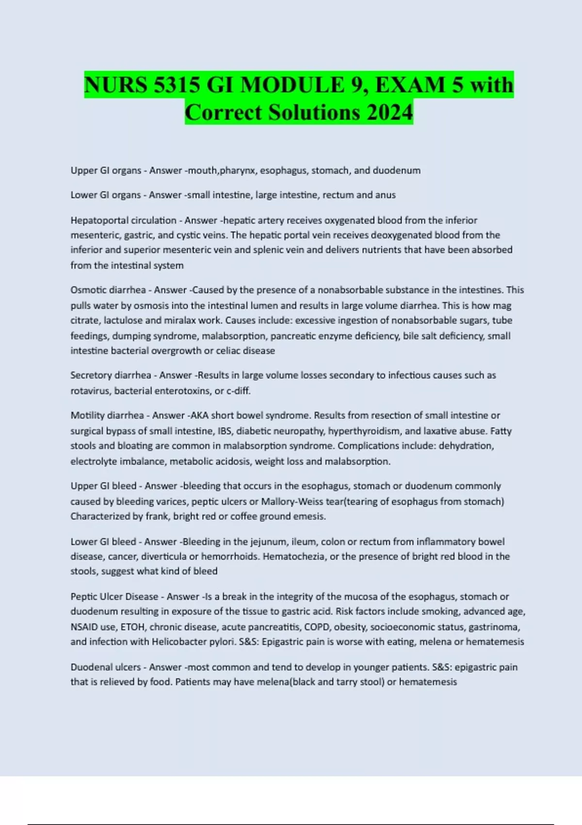 NURS 5315 GI MODULE 9, EXAM 5 with Correct Solutions 2024 - Nurs 5315 ...