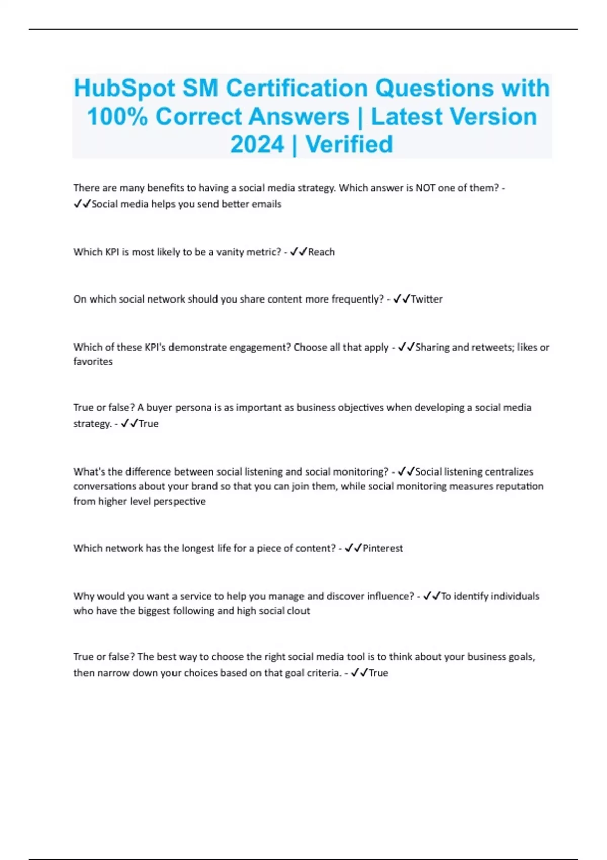 HubSpot SM Certification Questions with 100% Correct Answers | Latest ...