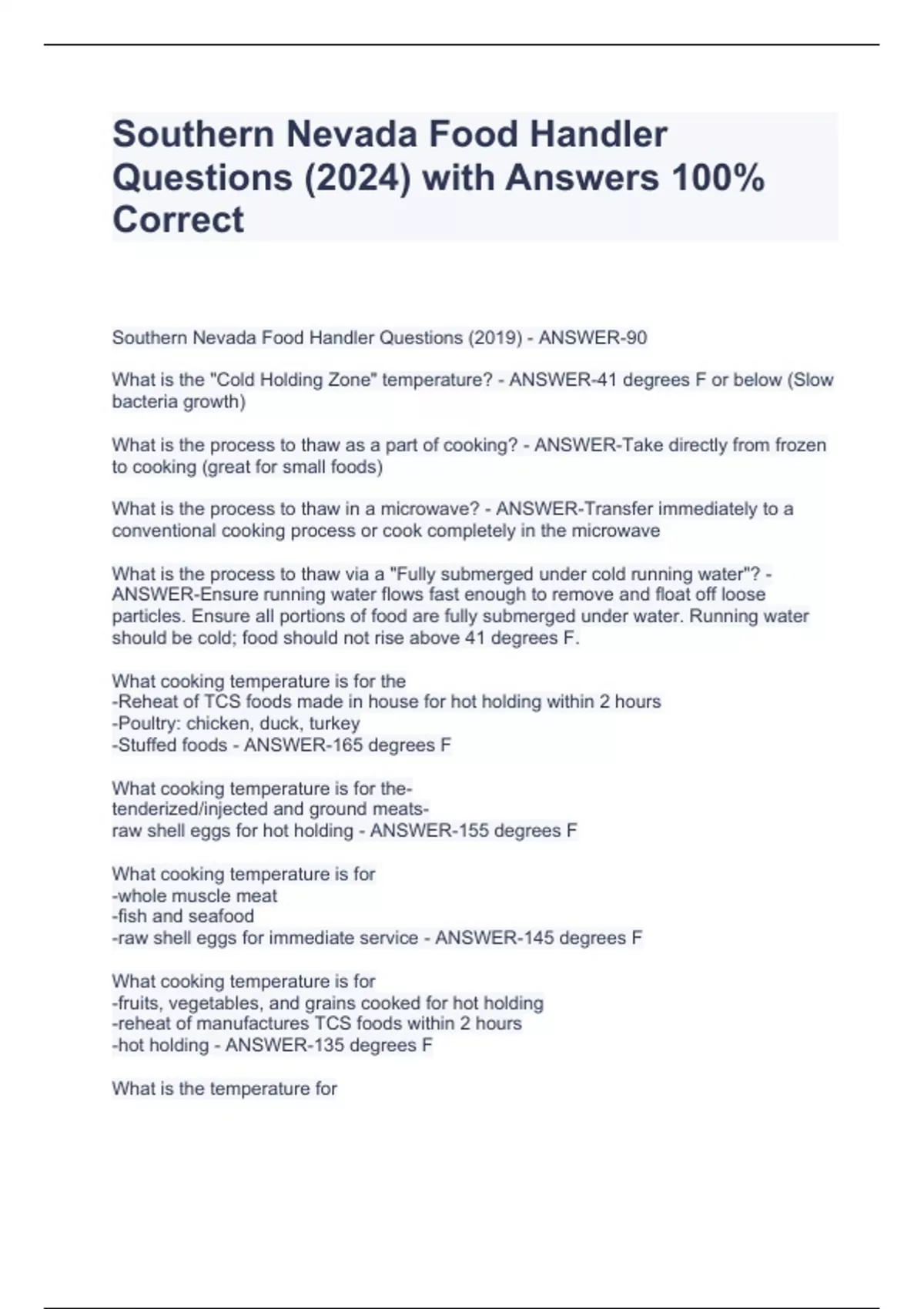 Southern Nevada Food Handler Questions (2024) with Answers 100% Correct ...
