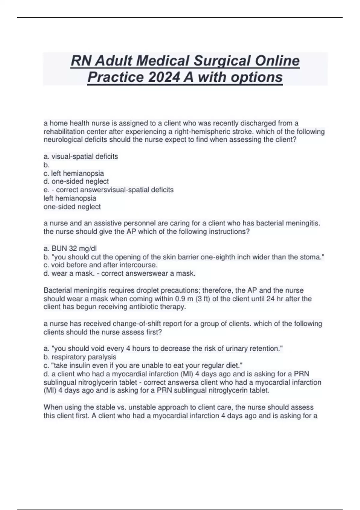 RN Adult Medical Surgical Online Practice 2024 A with options - Pn ...