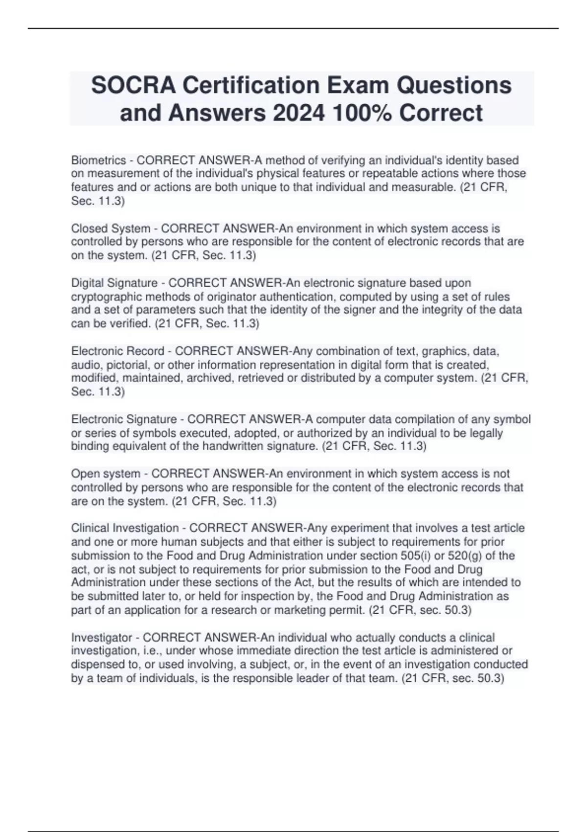 SOCRA Certification Exam Questions and Answers 2024 100% Correct ...