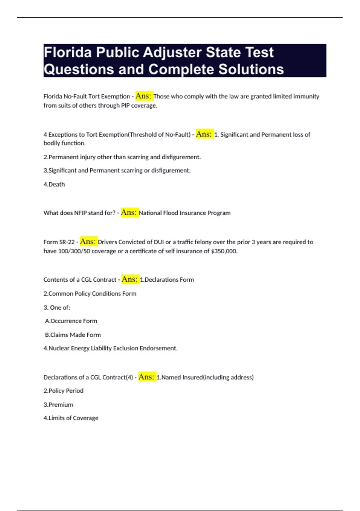 Florida Public Adjuster State Test Questions and Complete Solutions ...