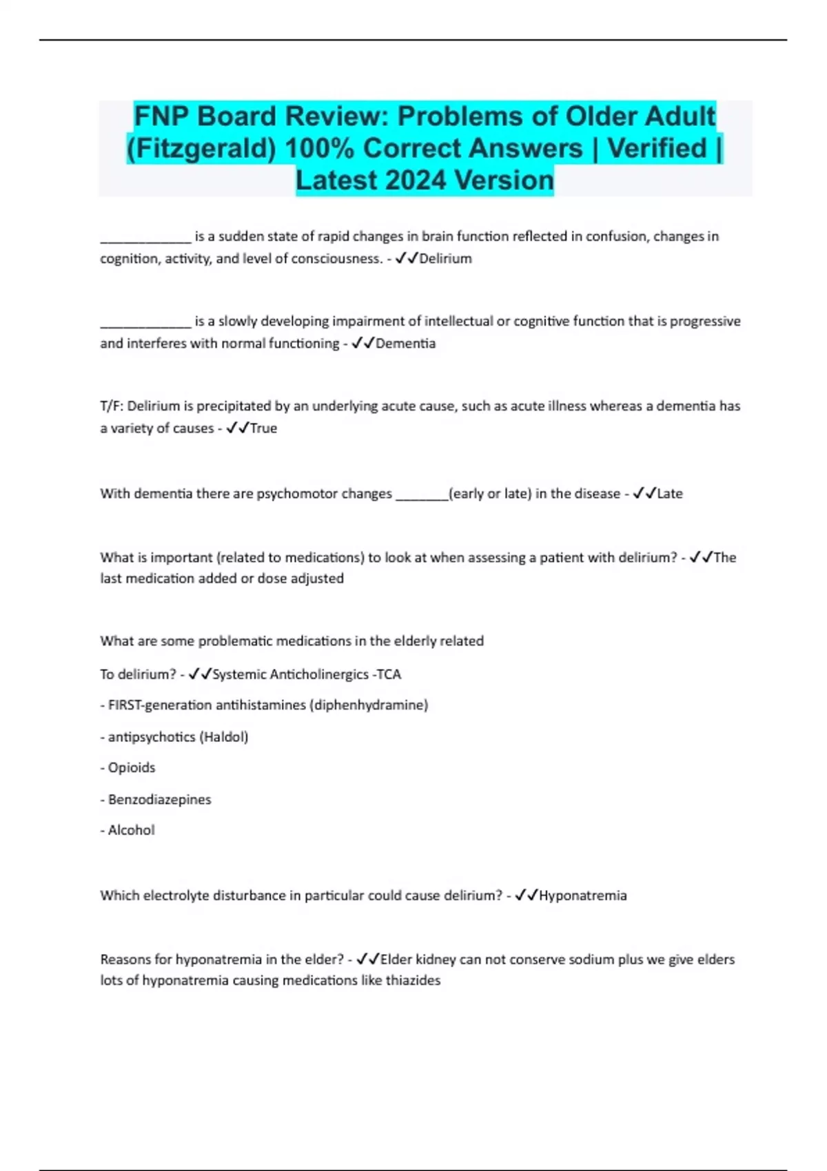 FNP Board Review: Problems of Older Adult (Fitzgerald) 100% Correct ...