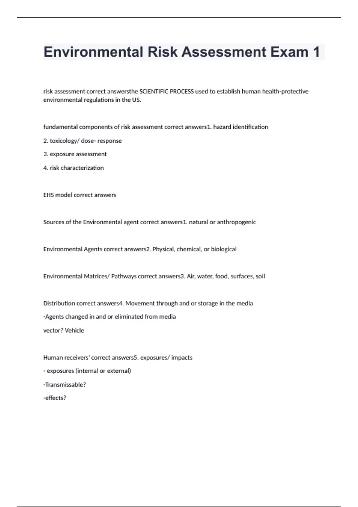 Environmental Risk Assessment Exam 1 2024 with correct answers ...