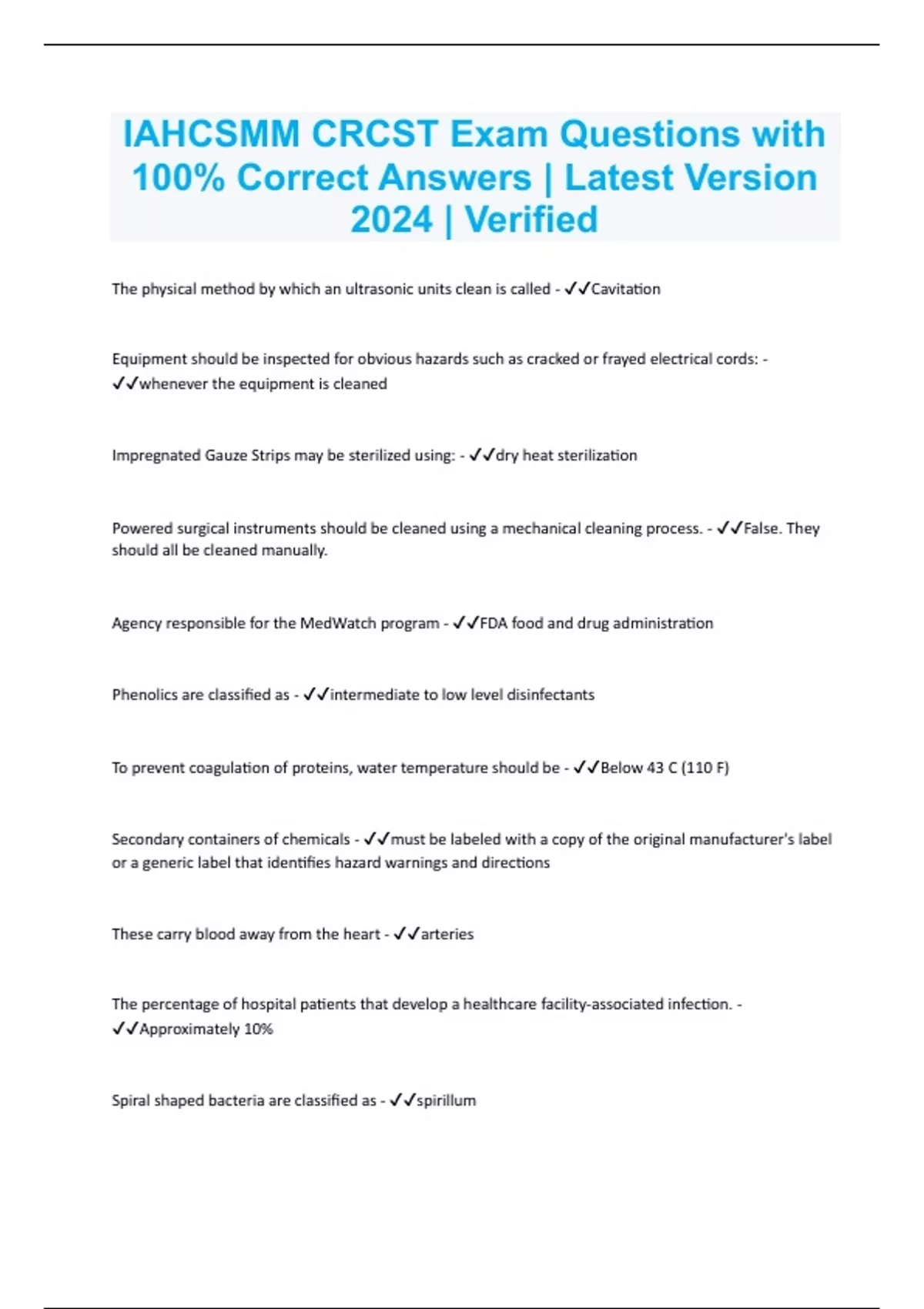 IAHCSMM CRCST Exam Questions with 100% Correct Answers | Latest Version ...