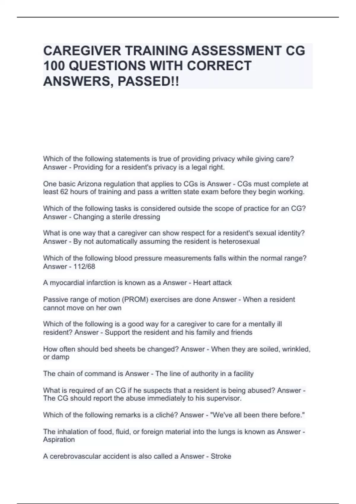CAREGIVER TRAINING ASSESSMENT CG 100 QUESTIONS WITH CORRECT ANSWERS ...