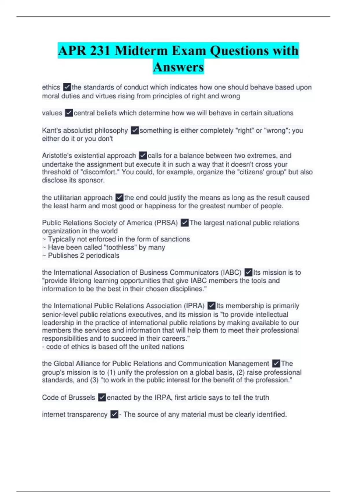 APR 231 Midterm Exam Questions with Answers - PRSA APR - Stuvia US