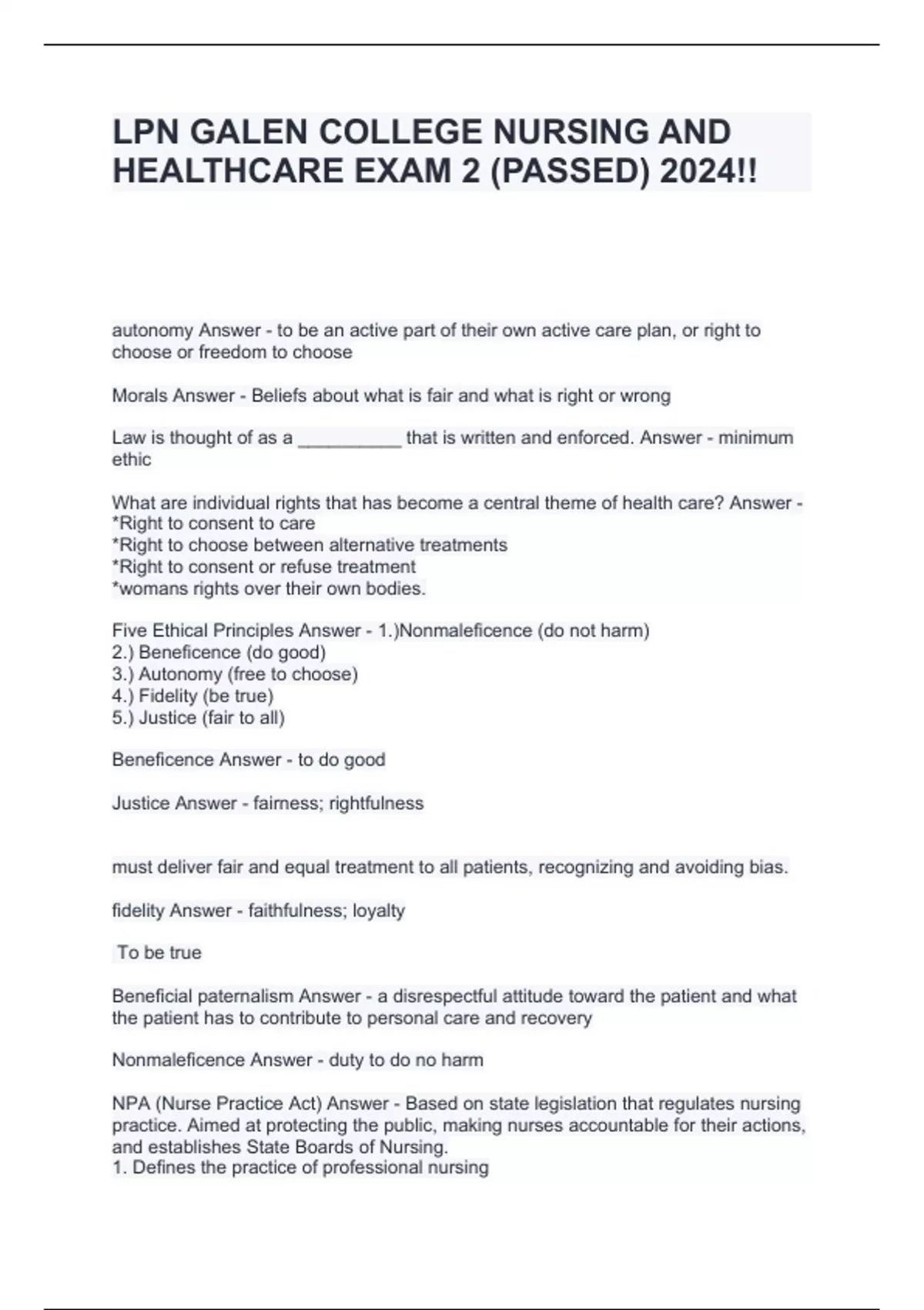 LPN GALEN COLLEGE NURSING AND HEALTHCARE EXAM 2 (PASSED) 2024!! - LPN ...