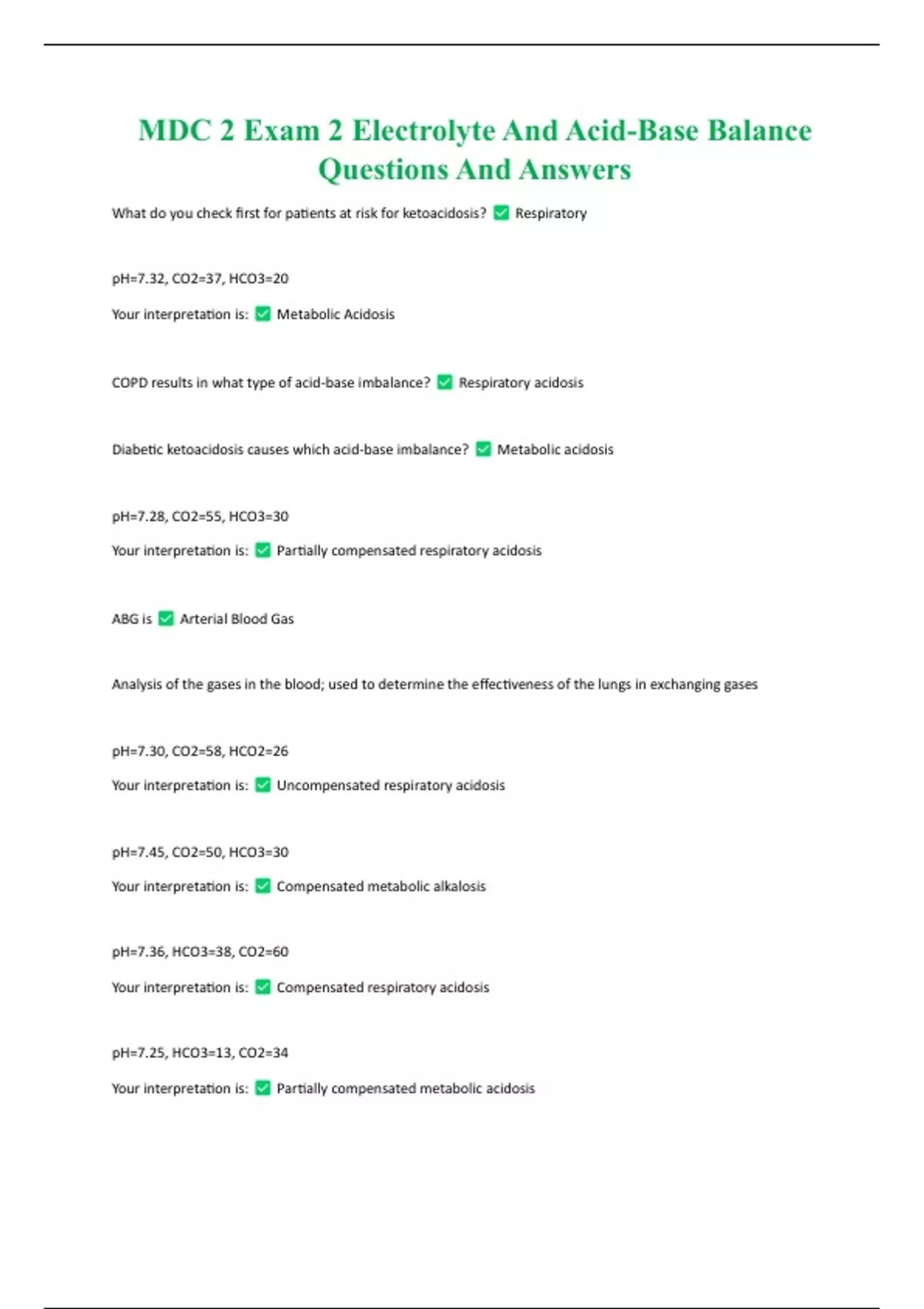MDC 2 Exam 2 Electrolyte And Acid-Base Balance Questions And Answers - MDC 2 - Stuvia US