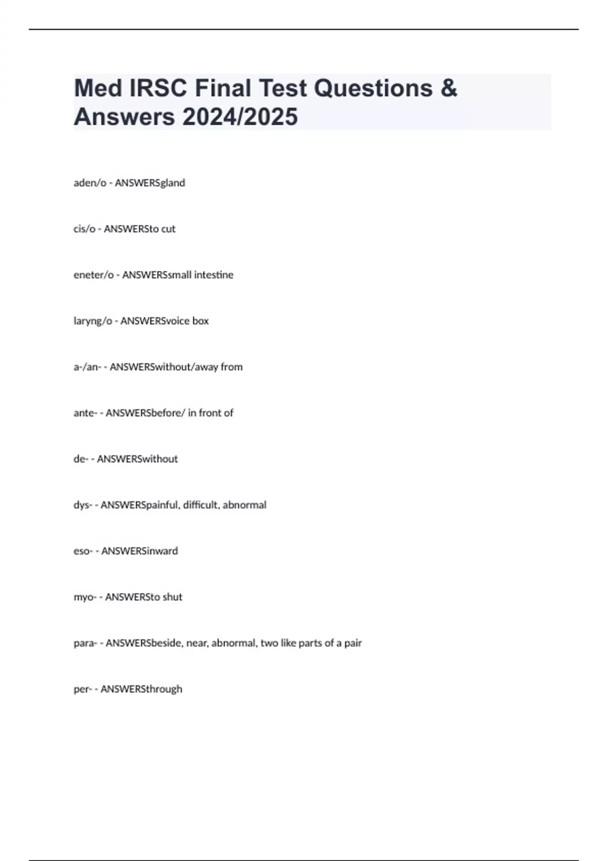 Med IRSC Final Test Questions & Answers 2024/2025 - Med IRSC - Stuvia US