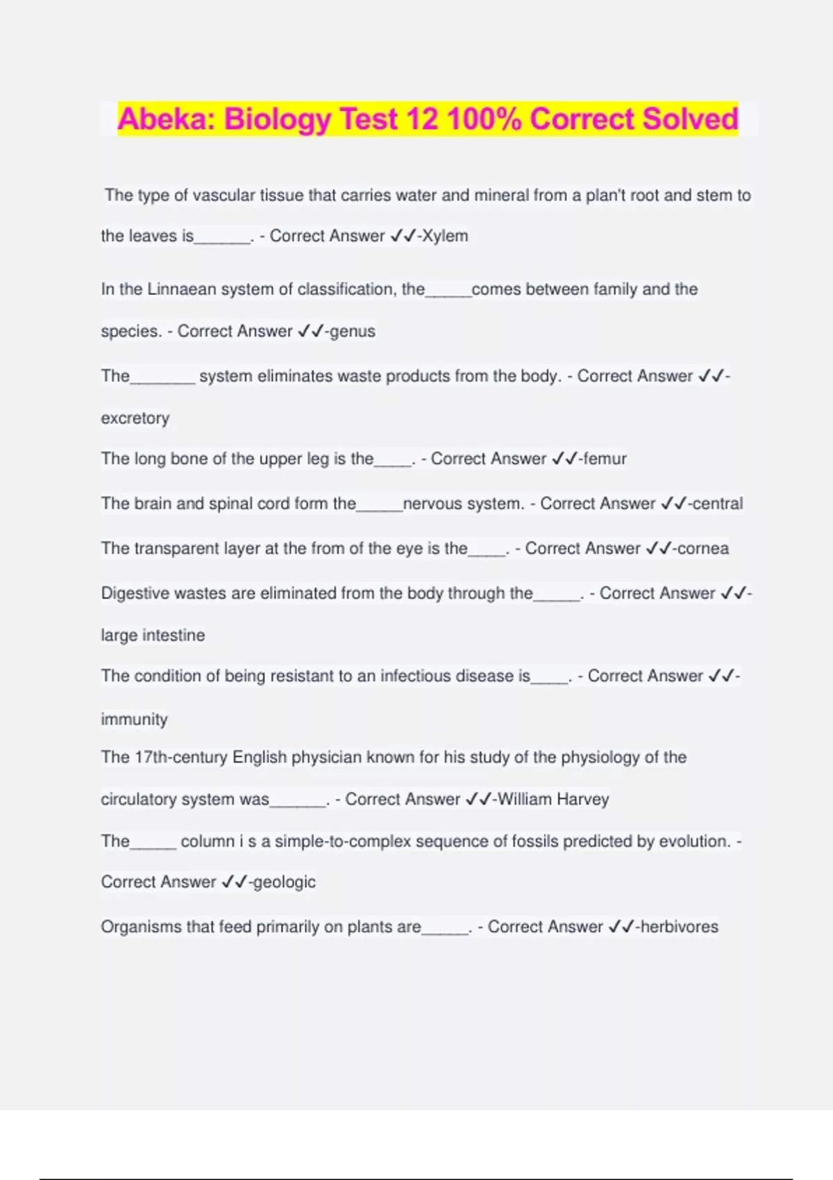 Abeka: Biology Test 12 100% Correct Solved - Abeka Biology - Stuvia US