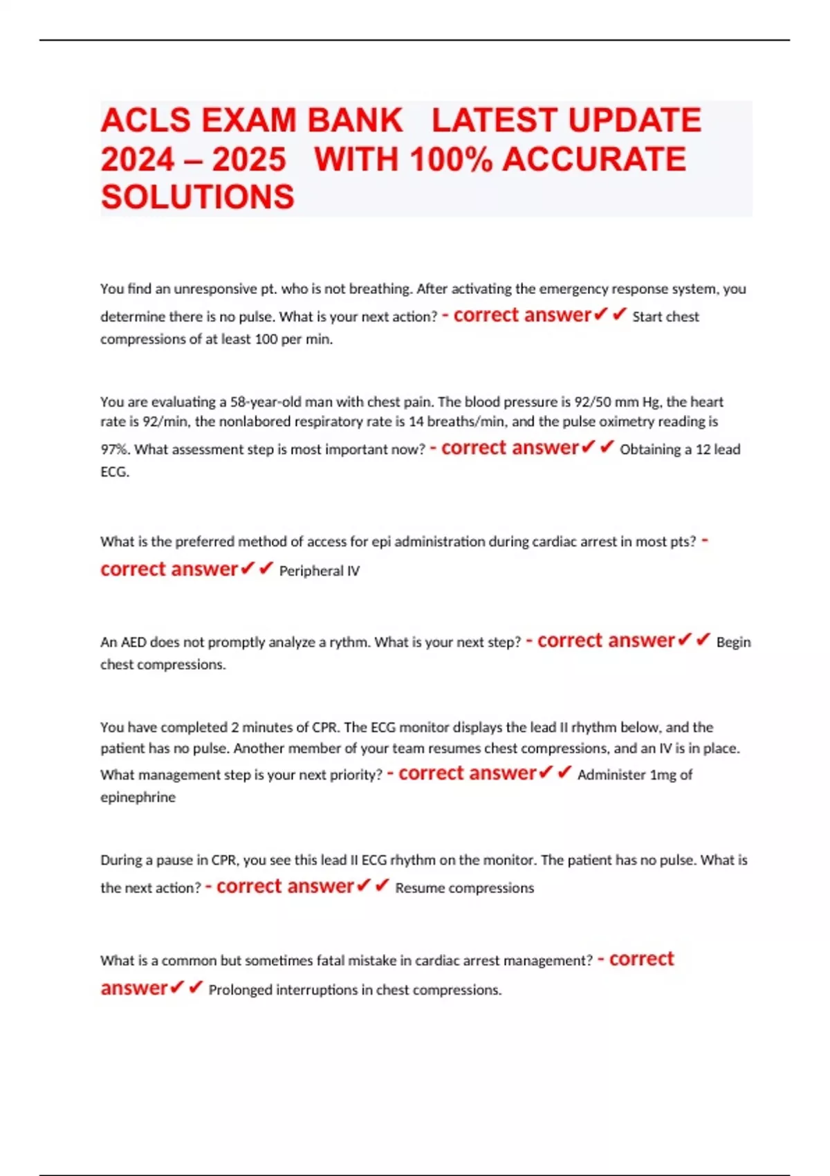 ACLS EXAM BANK LATEST UPDATE 2024 – 2025 WITH 100% ACCURATE SOLUTIONS ...