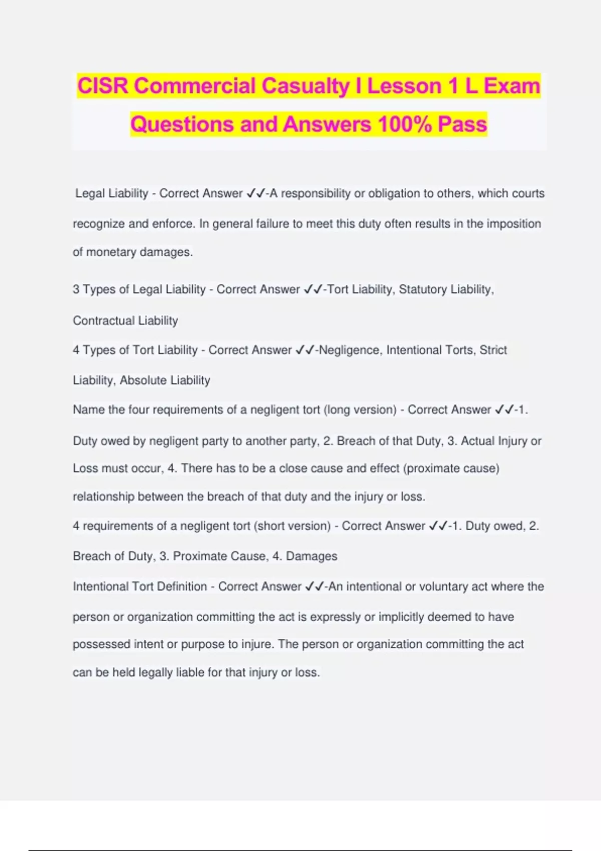 CISR Commercial Casualty I Lesson 1 L Exam Questions and Answers 100% ...