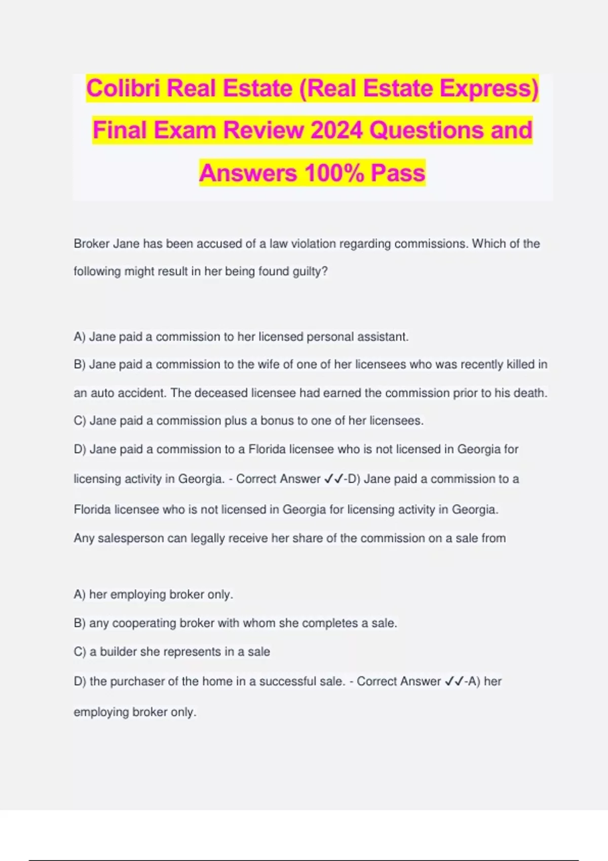 Colibri Real Estate (Real Estate Express) Final Exam Review 2024 ...