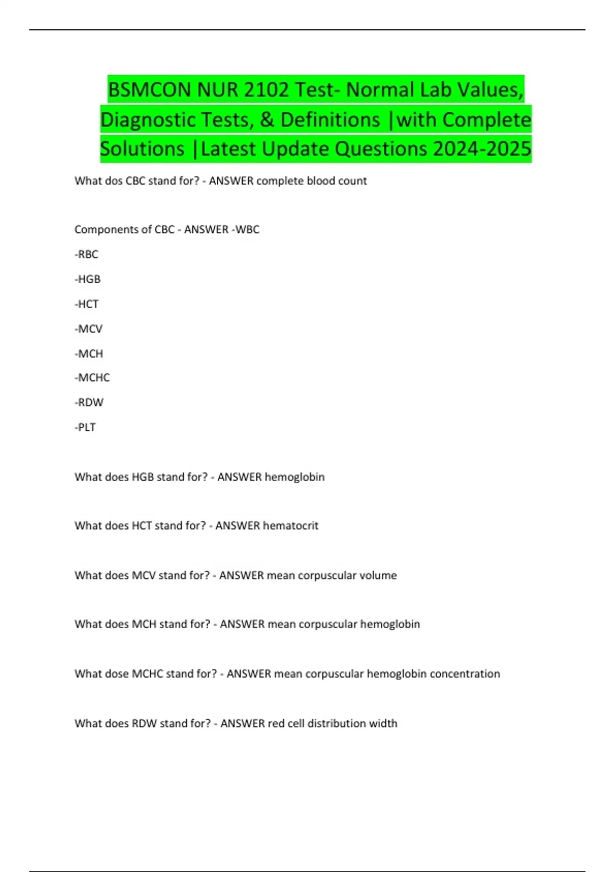 BSMCON NUR 2102 Test- Normal Lab Values, Diagnostic Tests ...