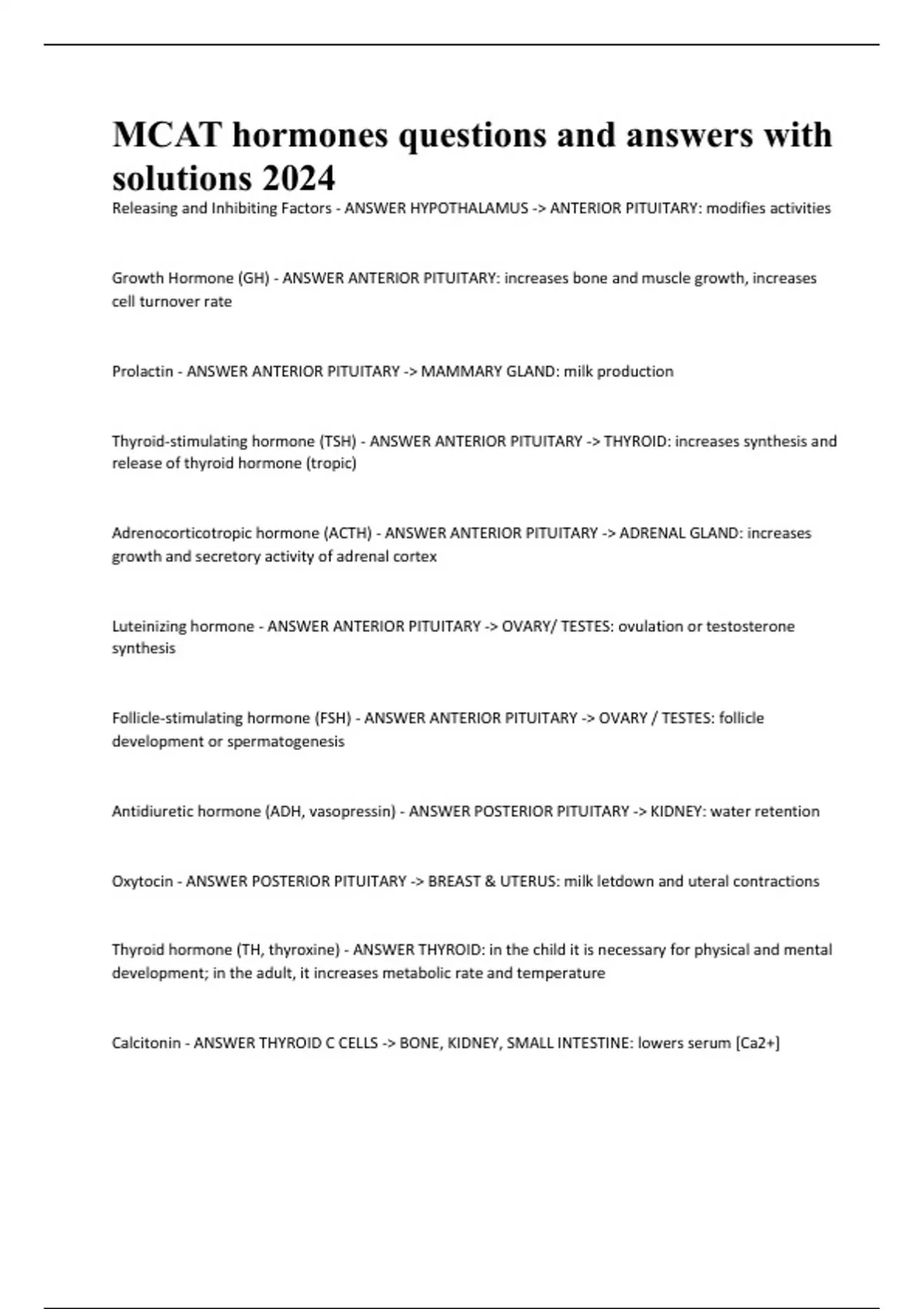 MCAT hormones questions and answers with solutions 2024 - MCAT - Stuvia US