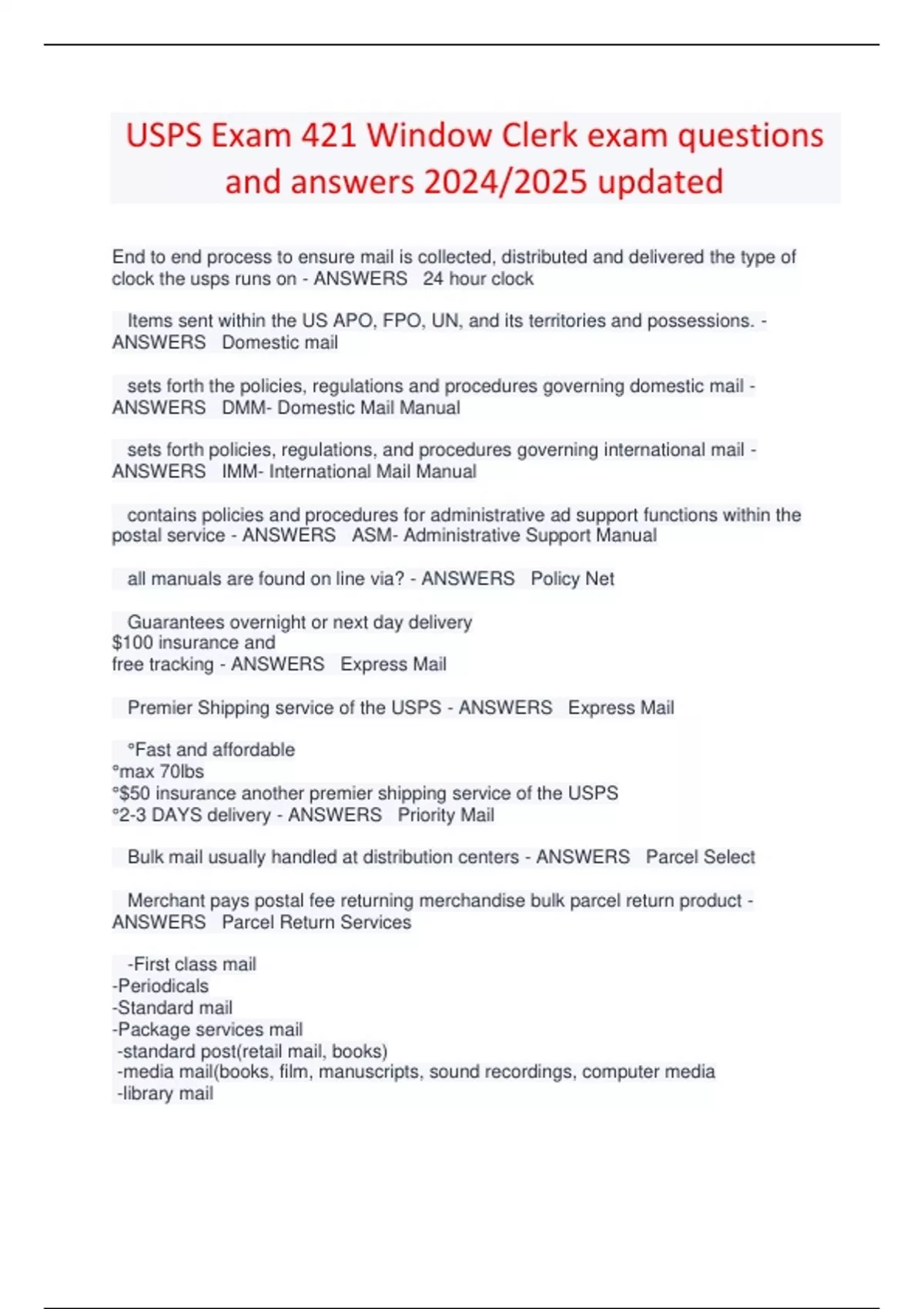 USPS Exam 421 Window Clerk exam questions and answers 2024/2025 updated ...