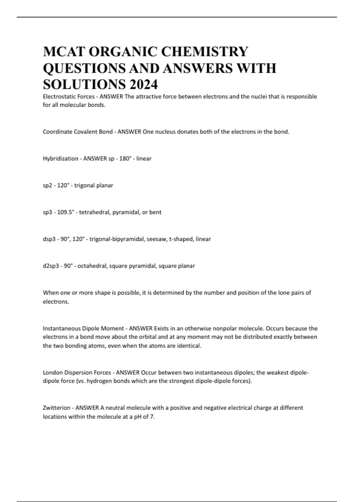 MCAT ORGANIC CHEMISTRY QUESTIONS AND ANSWERS WITH SOLUTIONS 2024 - MCAT ...