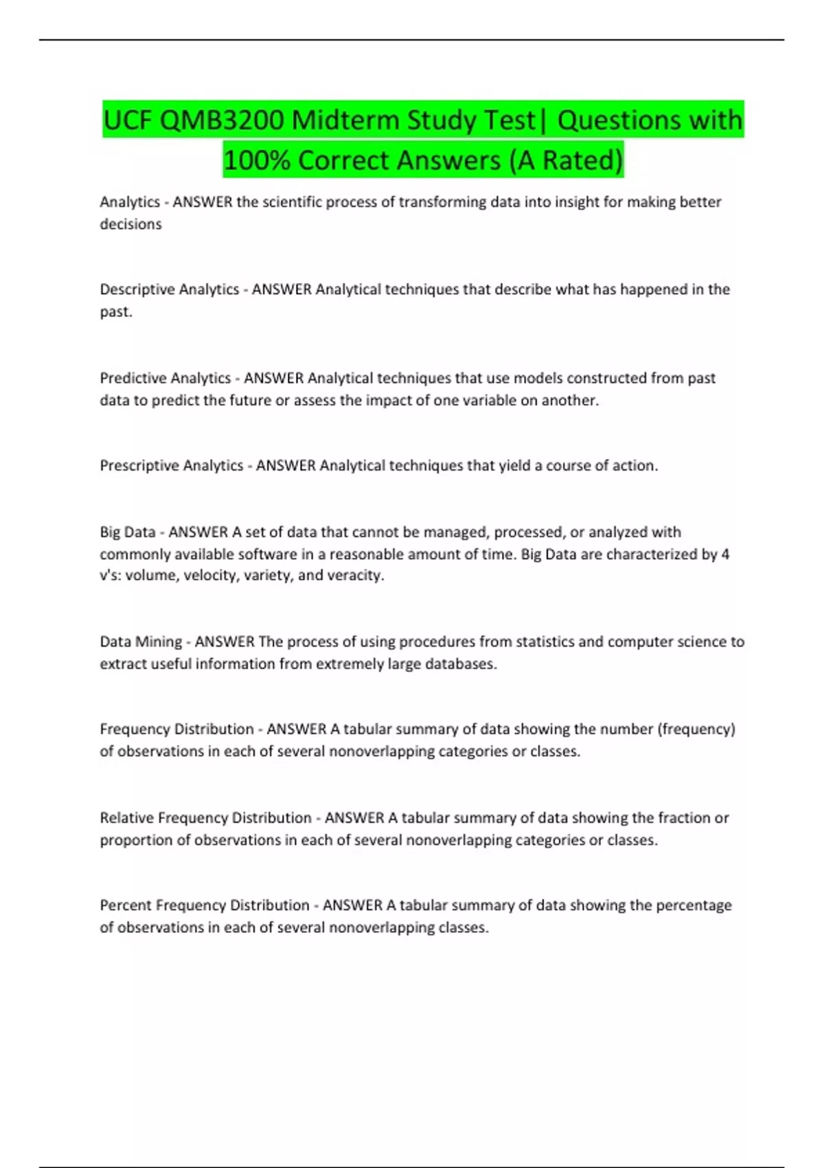 UCF QMB3200 Midterm Study Test| Questions with 100% Correct Answers (A ...