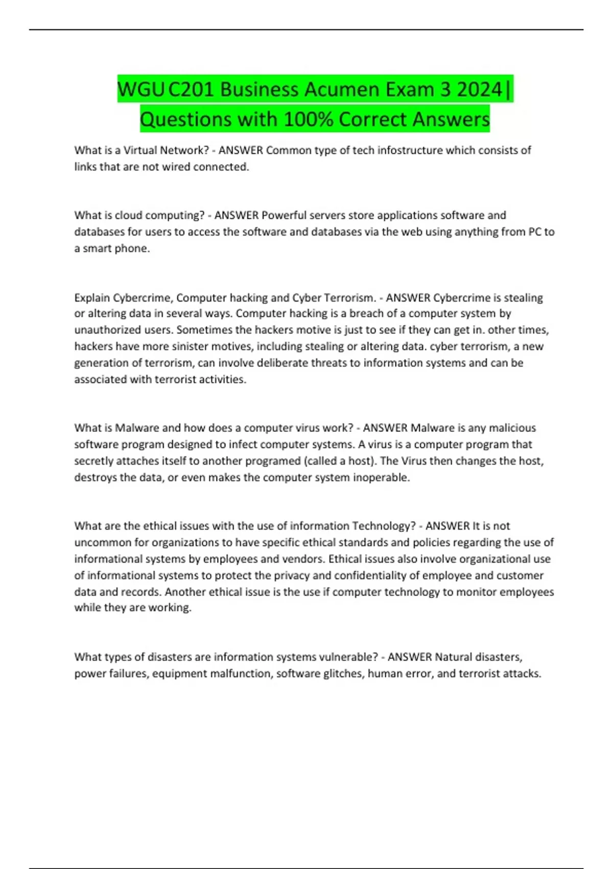 WGU C201 Business Acumen EXAMS BUNDLE| Questions with Complete ...