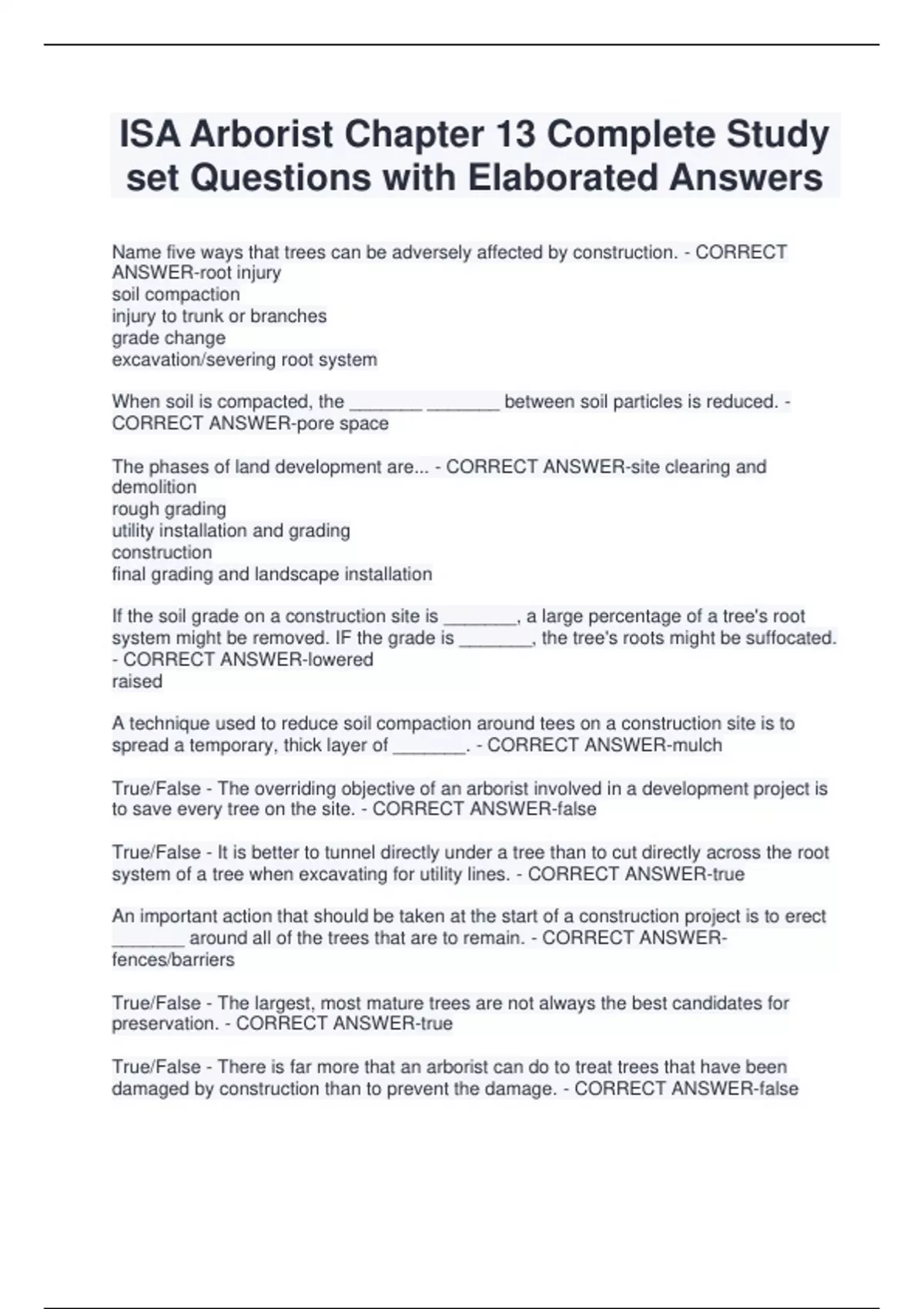 ISA Arborist Chapter 13 Complete Study set Questions with Elaborated ...