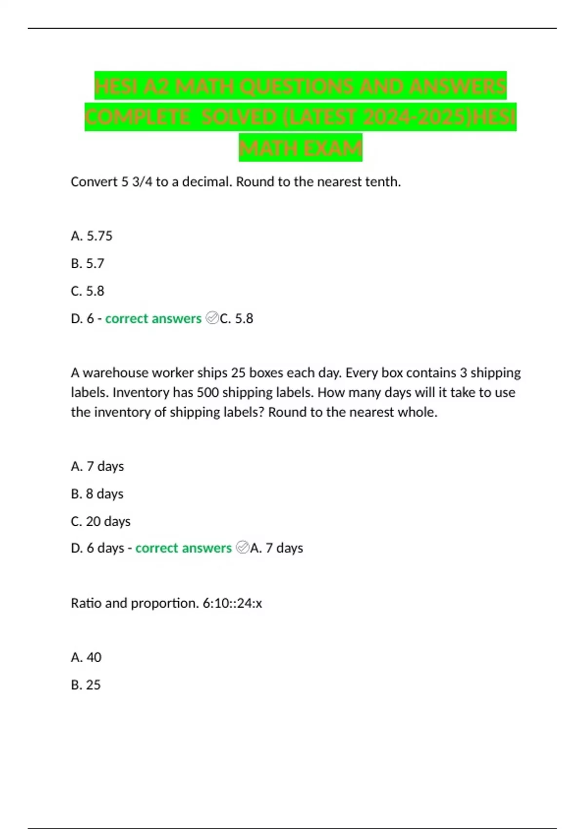 HESI A2 MATH QUESTIONS AND ANSWERS COMPLETE SOLVED (LATEST )HESI MATH ...
