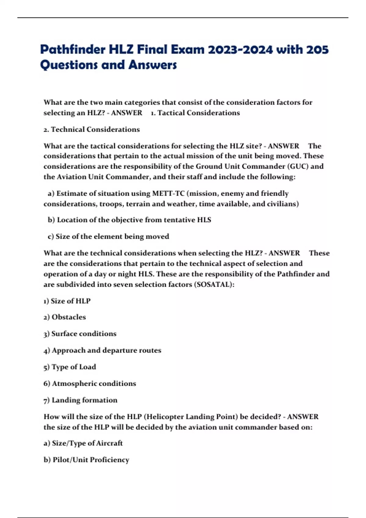 Pathfinder HLZ Final Exam with 205 Questions and Answers - Pathfinder ...