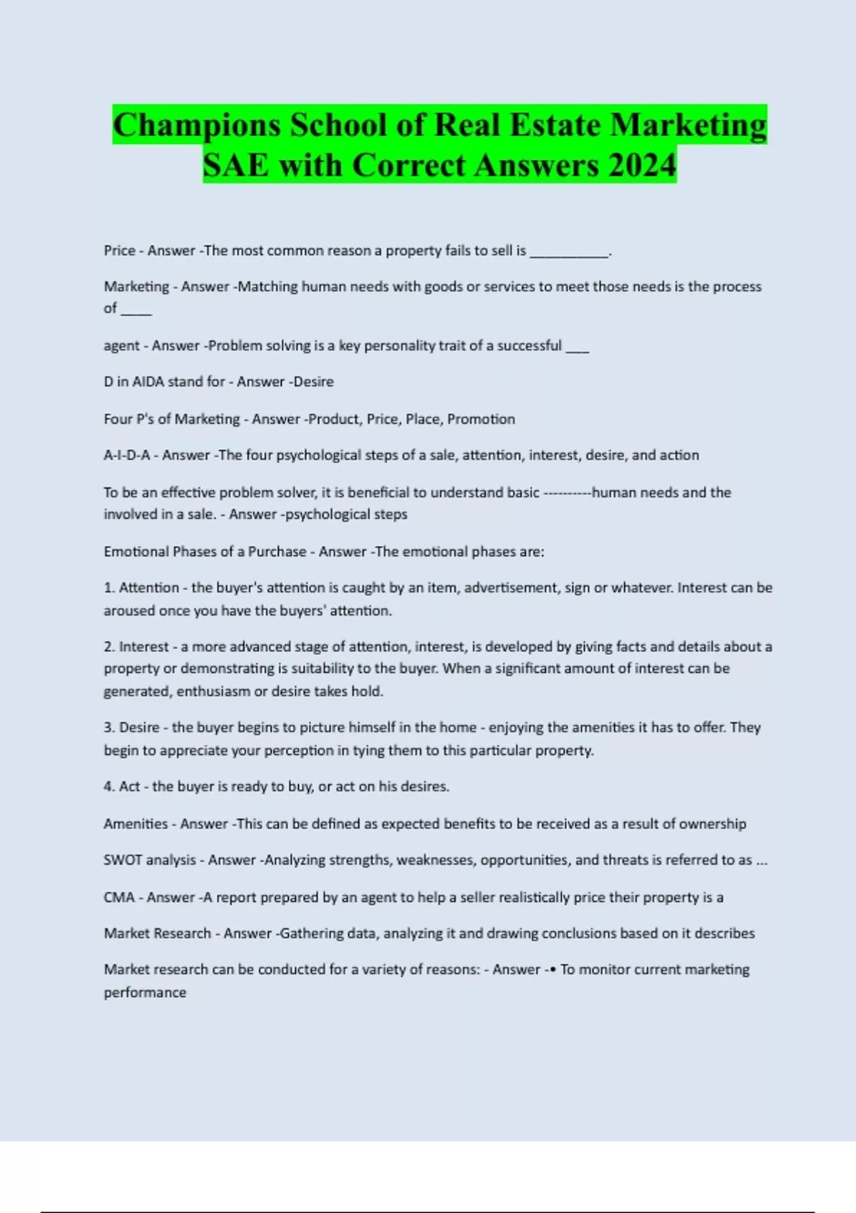 Champions School of Real Estate Marketing SAE with Correct Answers 2024 ...