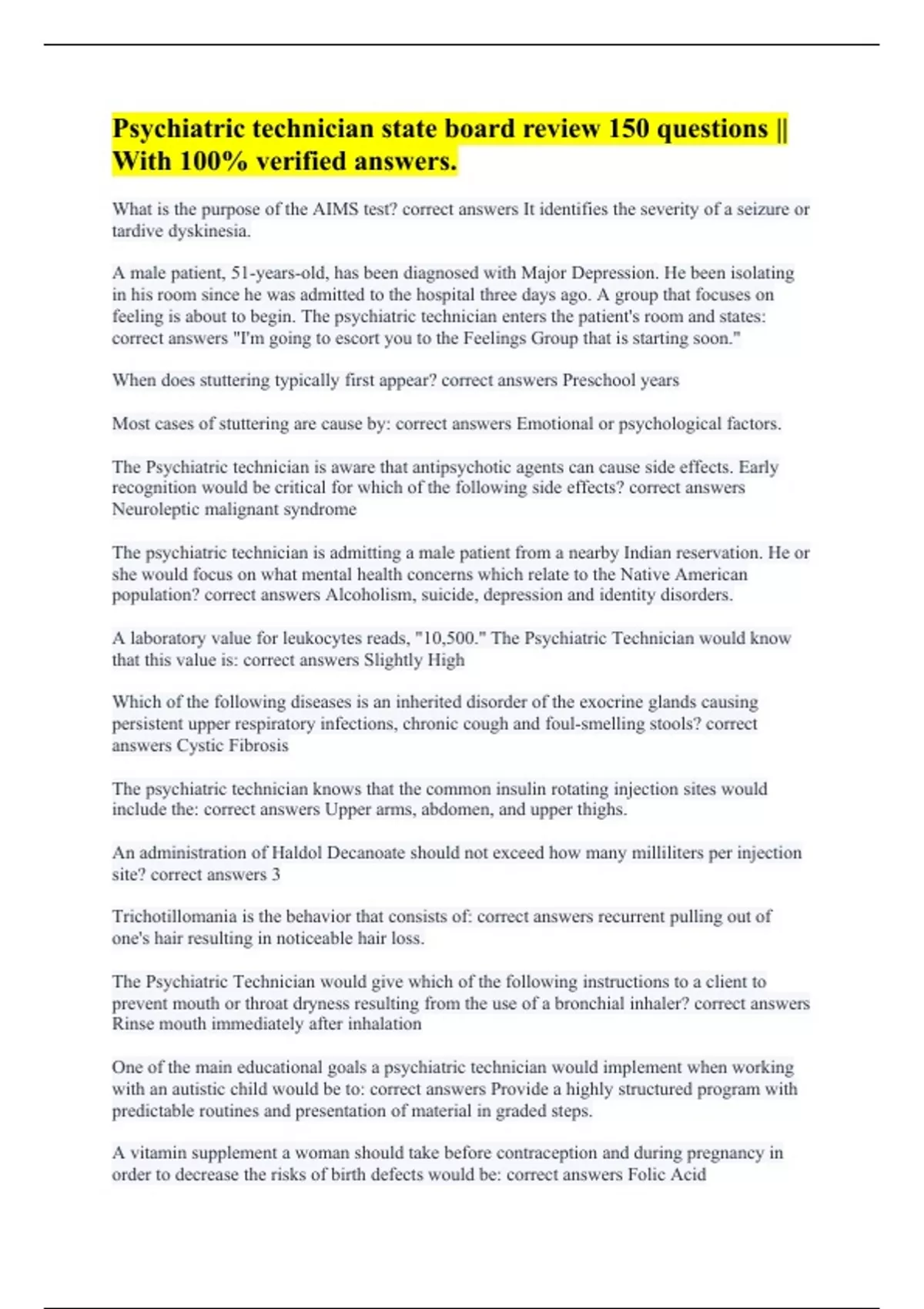 Psychiatric technician state board review 150 questions || With 100% ...