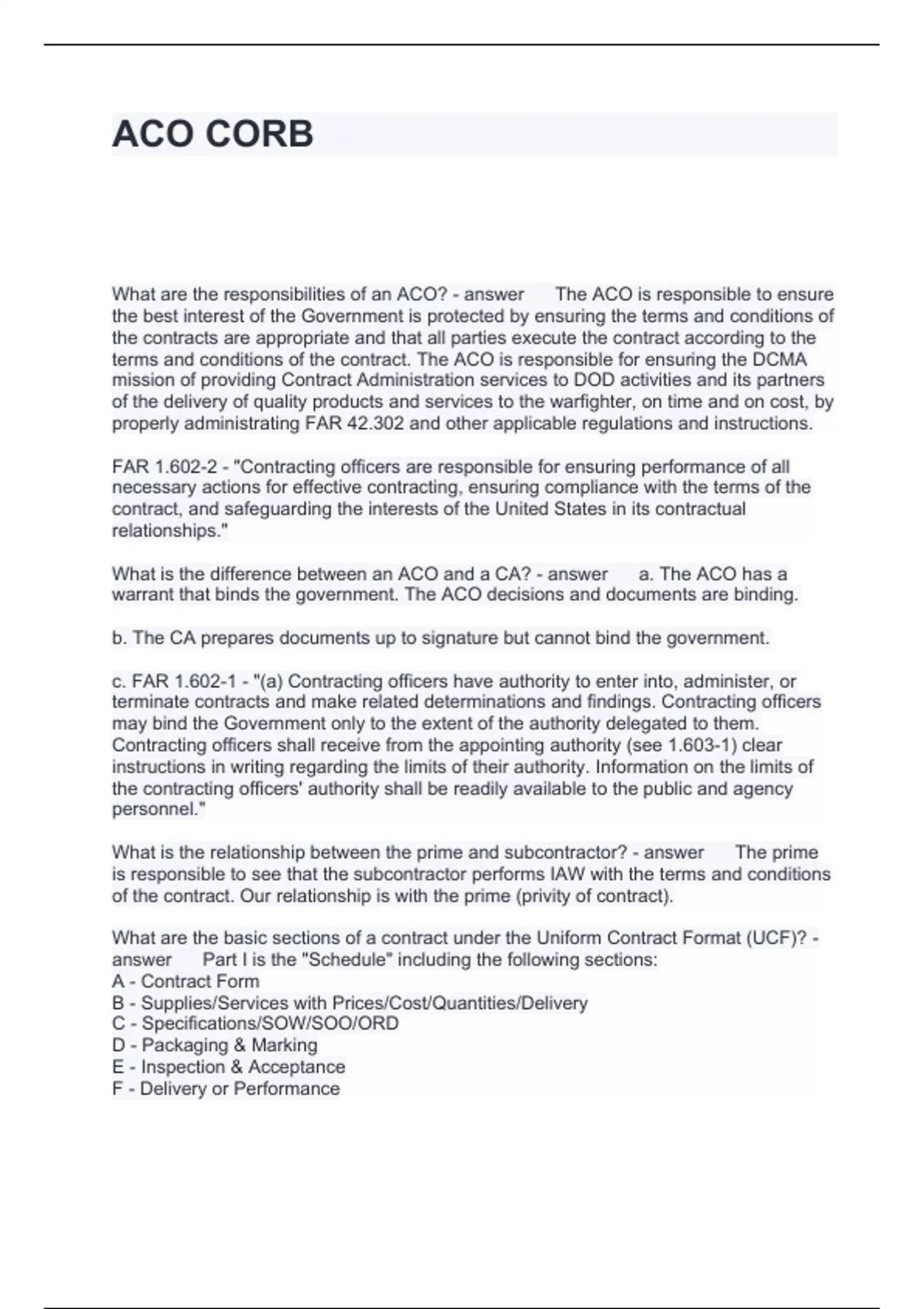 ACO CORB QUESTIONS AND ANSWERS 100% CORRECT - Warrant Board - Stuvia US