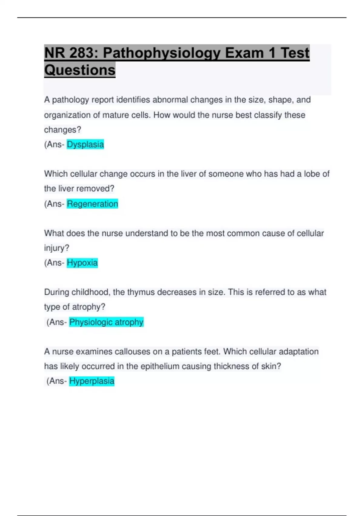 Exam 1: NR 283: Pathophysiology Exam 1 Test Questions & Answers ...