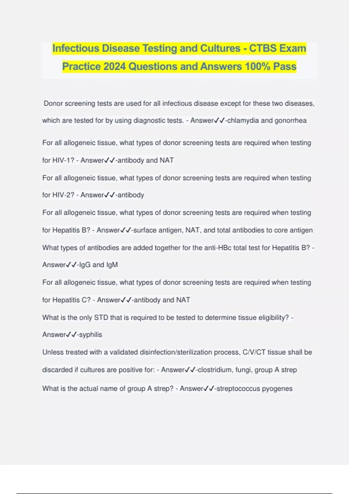 Infectious Disease Testing and Cultures - CTBS Exam Practice 2024 ...