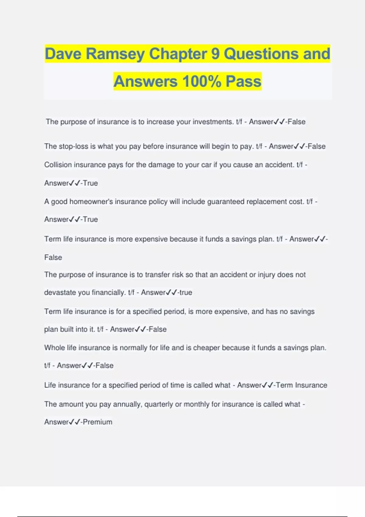 Dave Ramsey Chapter 9 Questions and Answers 100% Pass - Dave Ramsey ...