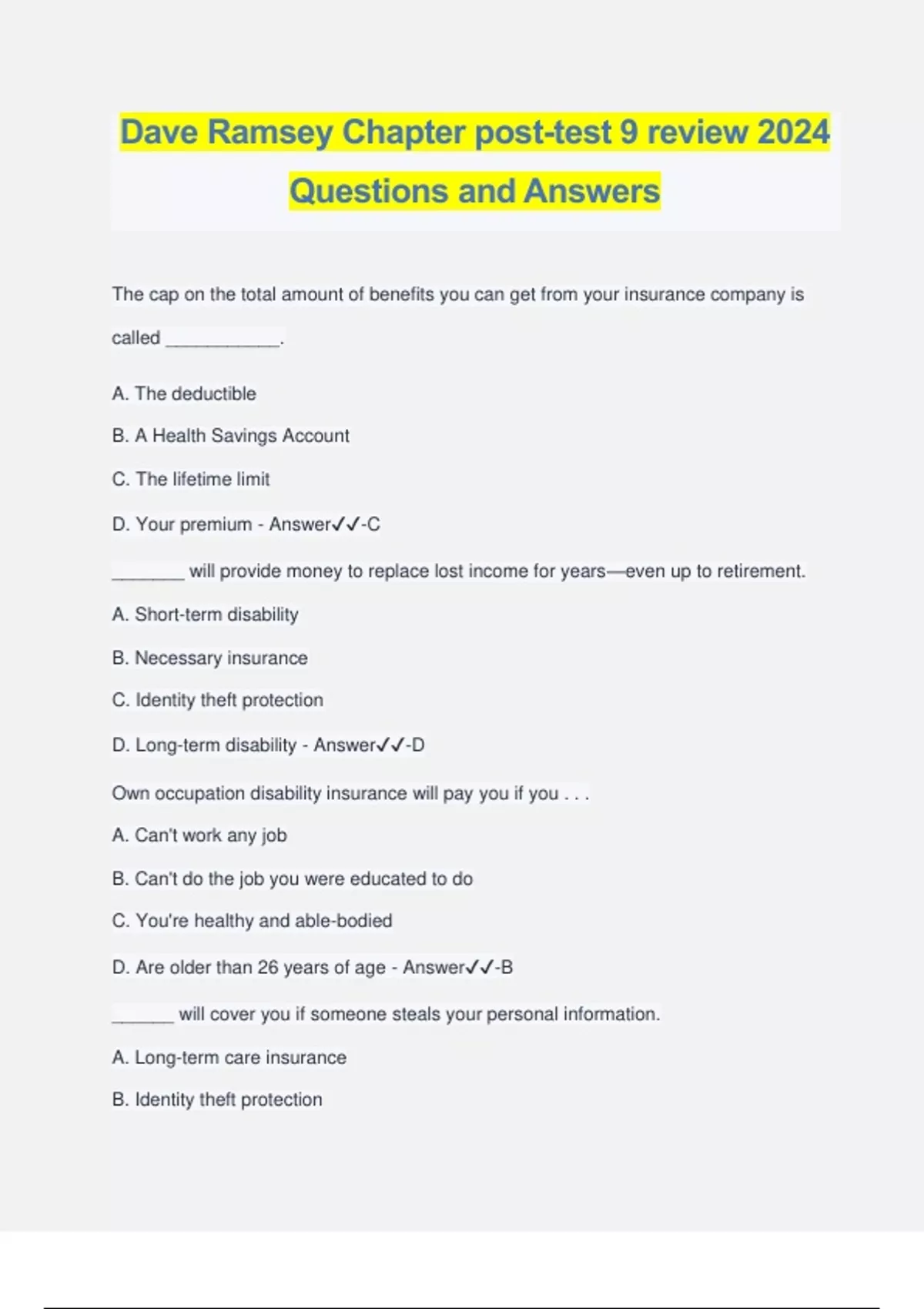 Dave Ramsey Chapter post-test 9 review 2024 Questions and Answers ...