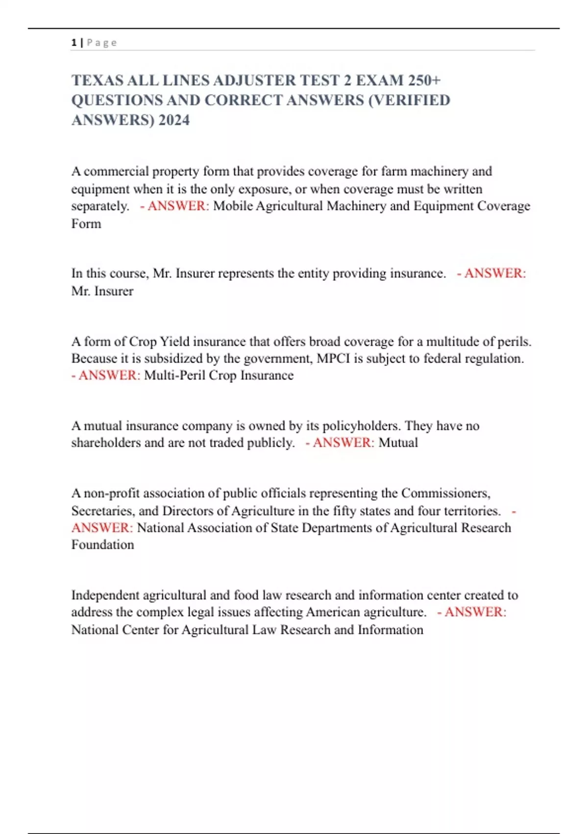 TEXAS ALL LINES ADJUSTER TEST 2 EXAM 250+ QUESTIONS AND CORRECT ANSWERS ...