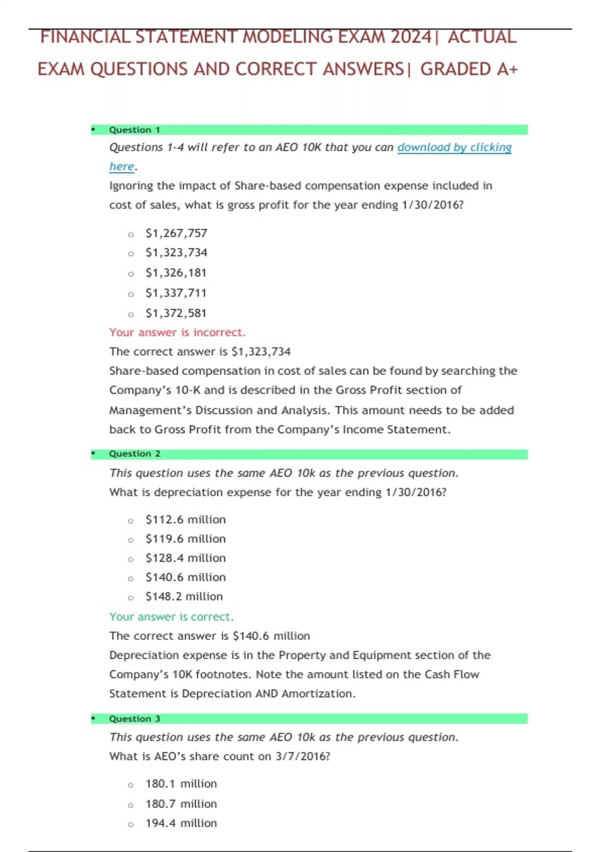 FINANCIAL STATEMENT MODELING EXAM 2025| ACTUAL EXAM QUESTIONS AND CORRECT ANSWERS| GRADED A+ ...